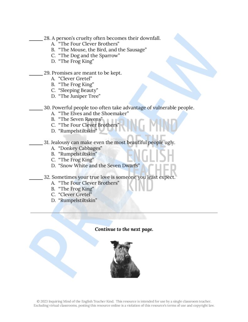 Grimms' Fairy Tales Unit Test and Answer Key (14 Short Stories Included ...