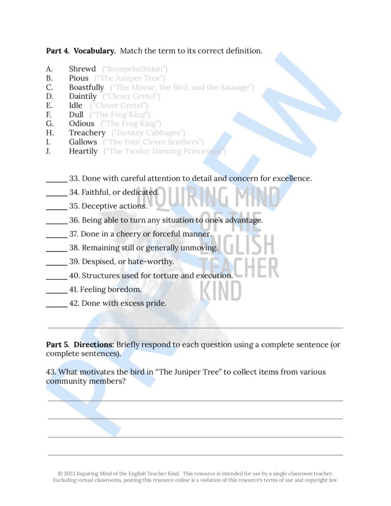 Grimms' Fairy Tales Unit Test and Answer Key (14 Short Stories Included ...