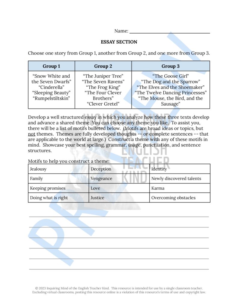 Grimms' Fairy Tales Unit Test and Answer Key (14 Short Stories Included ...