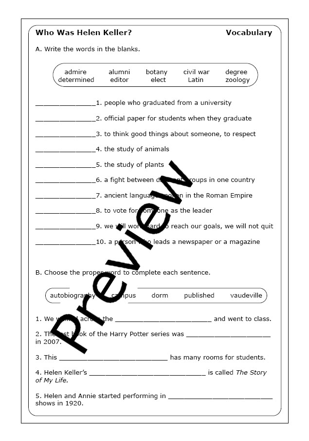 Gare Thompson "Who Was Helen Keller?" worksheets | Made By Teachers