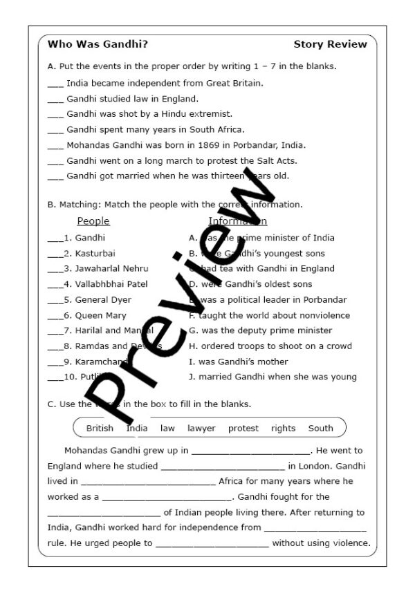 Meachen Rau "Who Was Gandhi?" worksheets | Made By Teachers