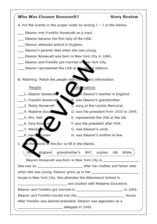 Gare Thompson "Who Was Eleanor Roosevelt?" worksheets | Made By Teachers