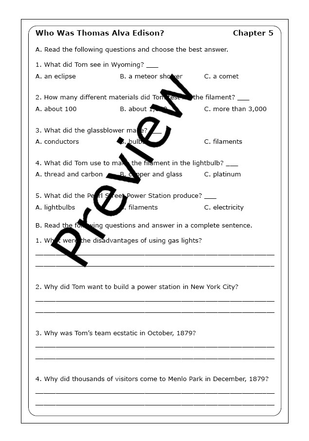Margaret Frith "Who Was Thomas Alva Edison?" worksheets | Made By Teachers
