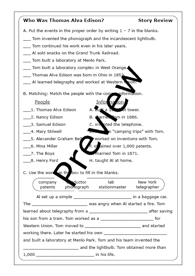 Margaret Frith "Who Was Thomas Alva Edison?" worksheets | Made By Teachers