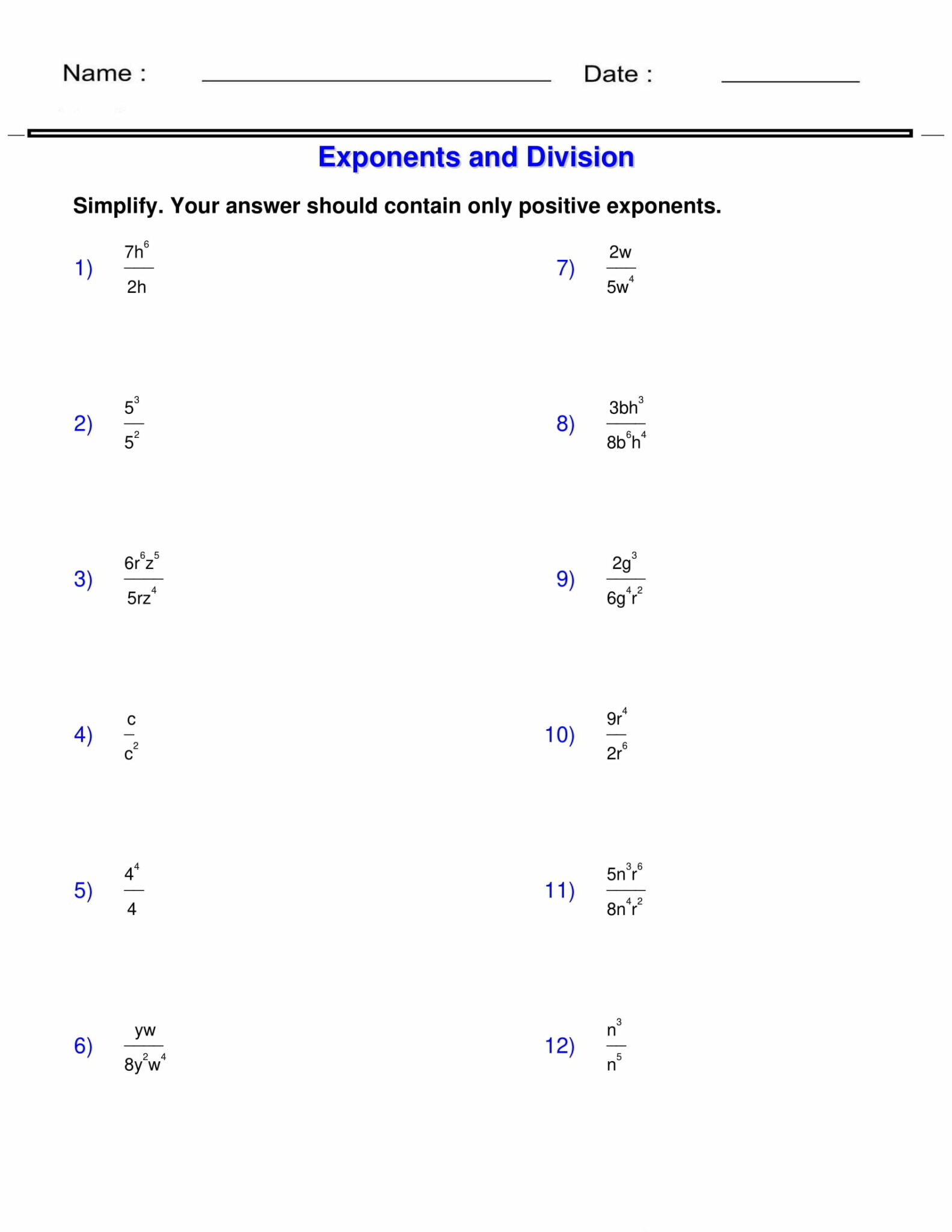 Exponents with Division - Algebra 1 - Exponents Worksheets | Made By ...