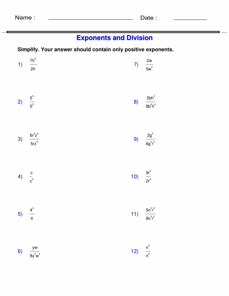 Exponents with Division - Algebra 1 - Exponents Worksheets | Made By ...