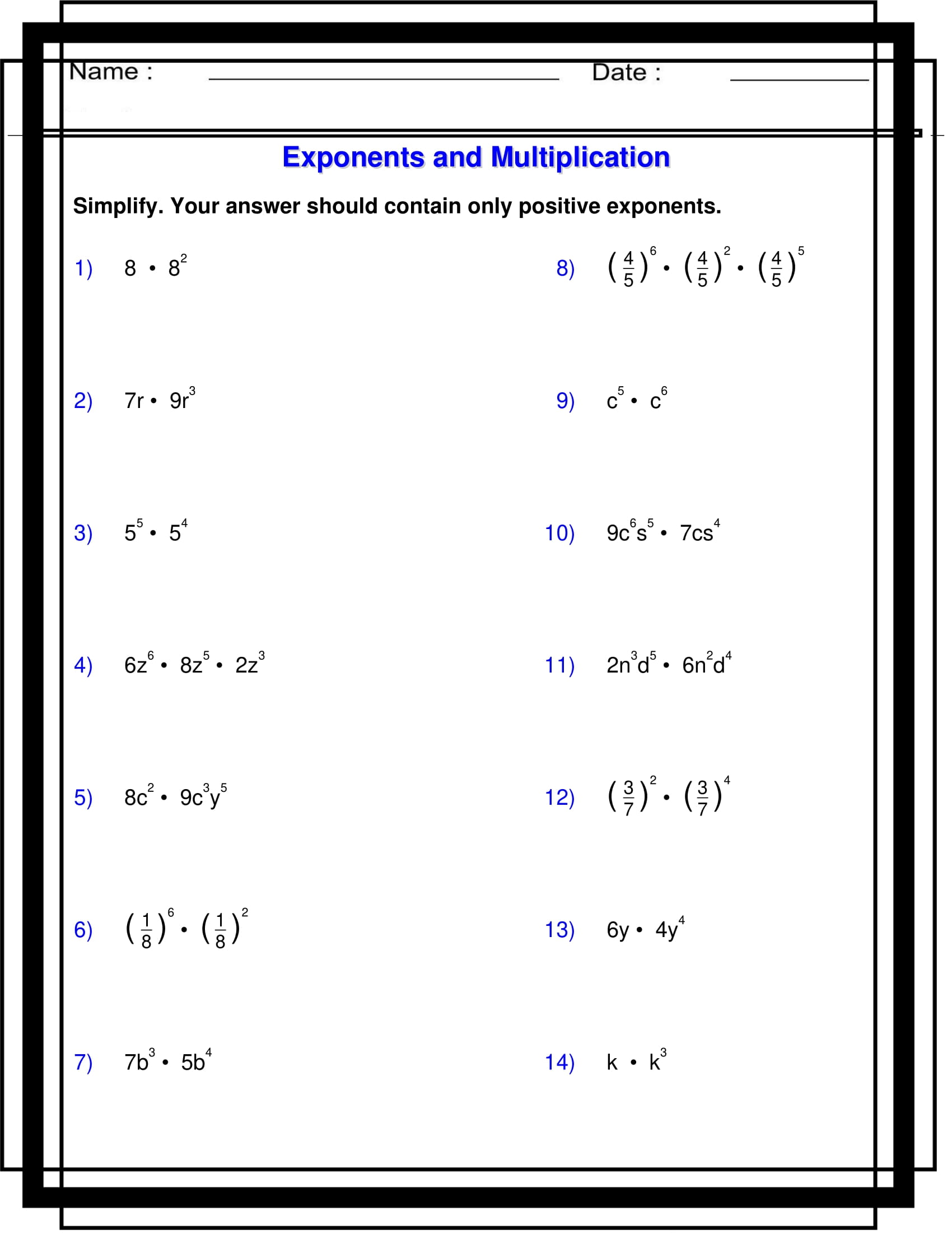 Exponents with Multiplication - Algebra 1 - Exponents Worksheets | Made ...