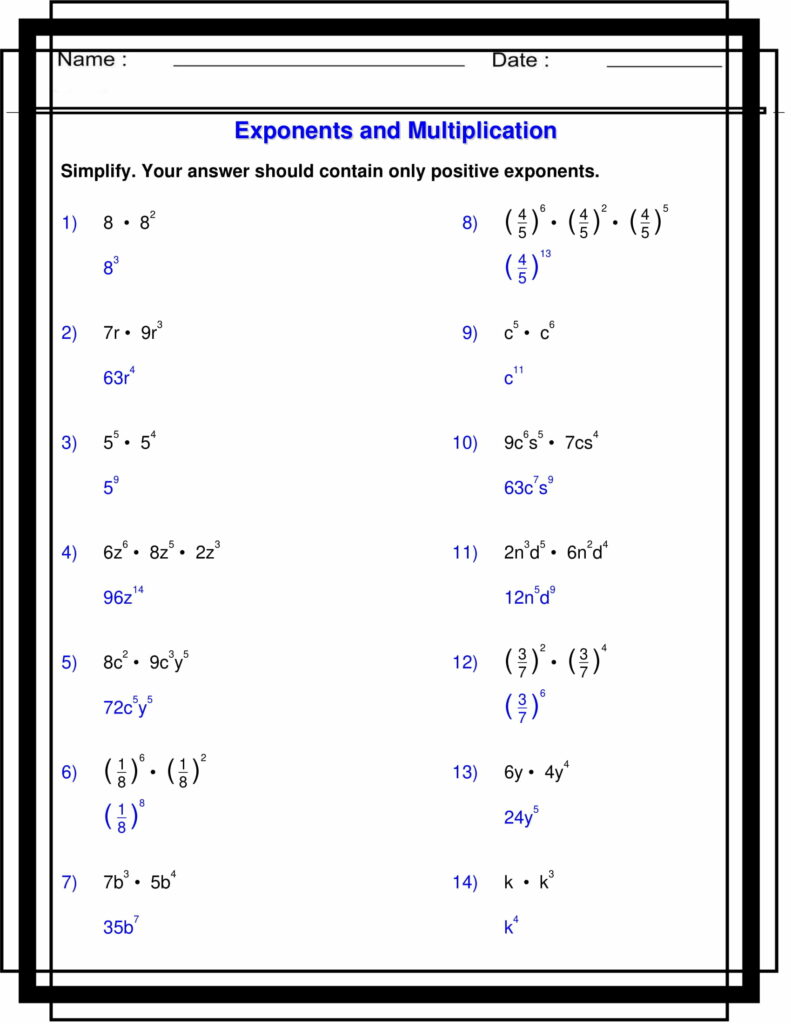 Exponents with Multiplication - Algebra 1 - Exponents Worksheets | Made ...