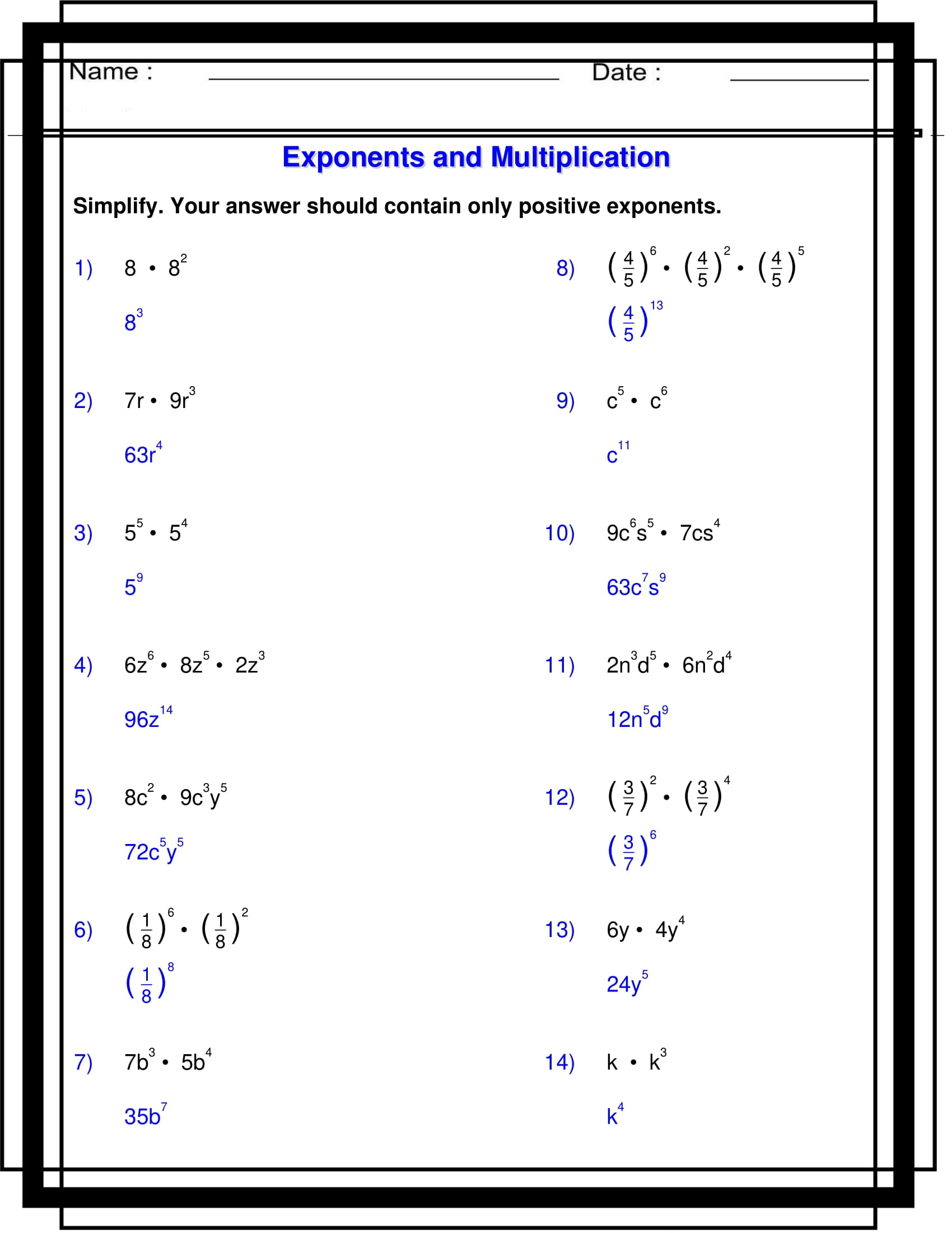 Exponents With Multiplication Algebra 1 Exponents Worksheets Made