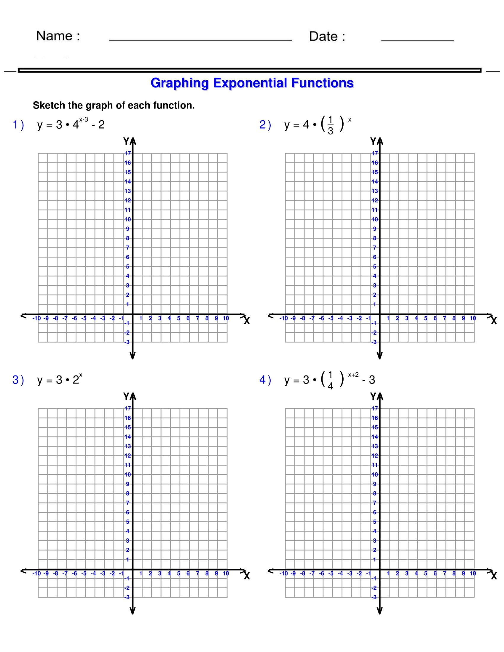 Graphing Exponential Functions Exponents Worksheets Algebra 1