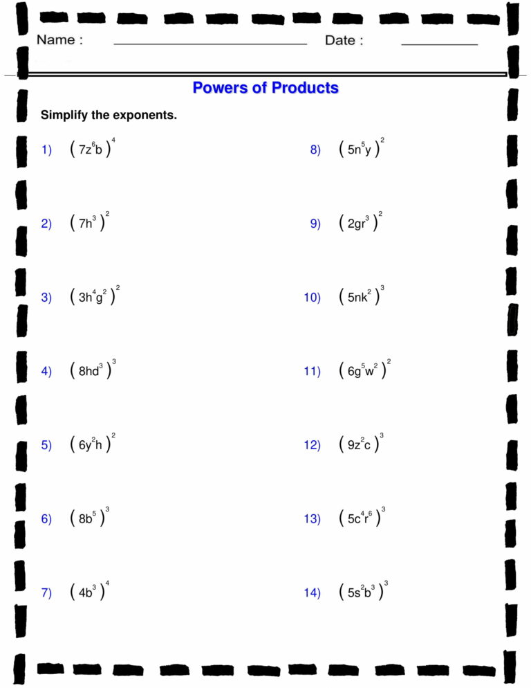 Products to a Power Worksheets - Algebra 1 - Exponents - 1 , 2 and 3 ...