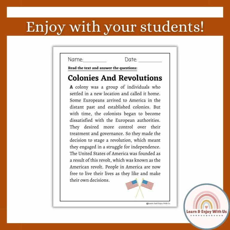 Colonies And Revolutions Reading Comprehension Passage For 1st And 2nd ...