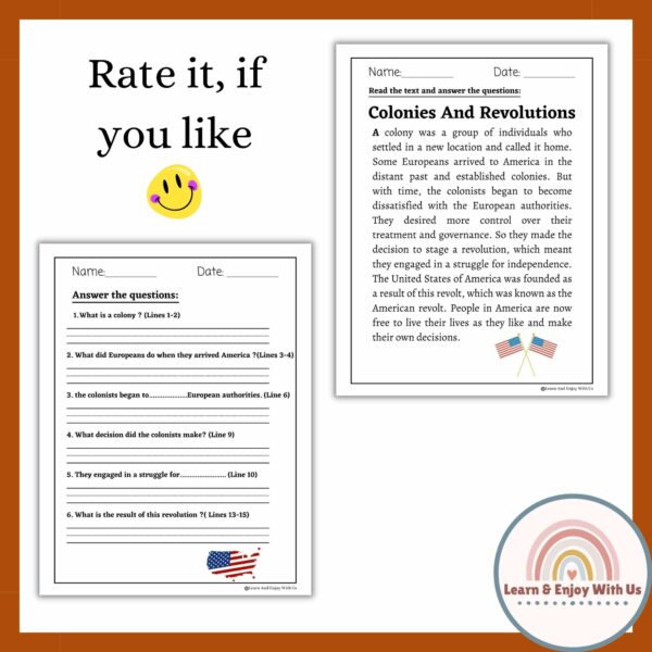 Colonies And Revolutions Reading Comprehension Passage For 1st And 2nd ...