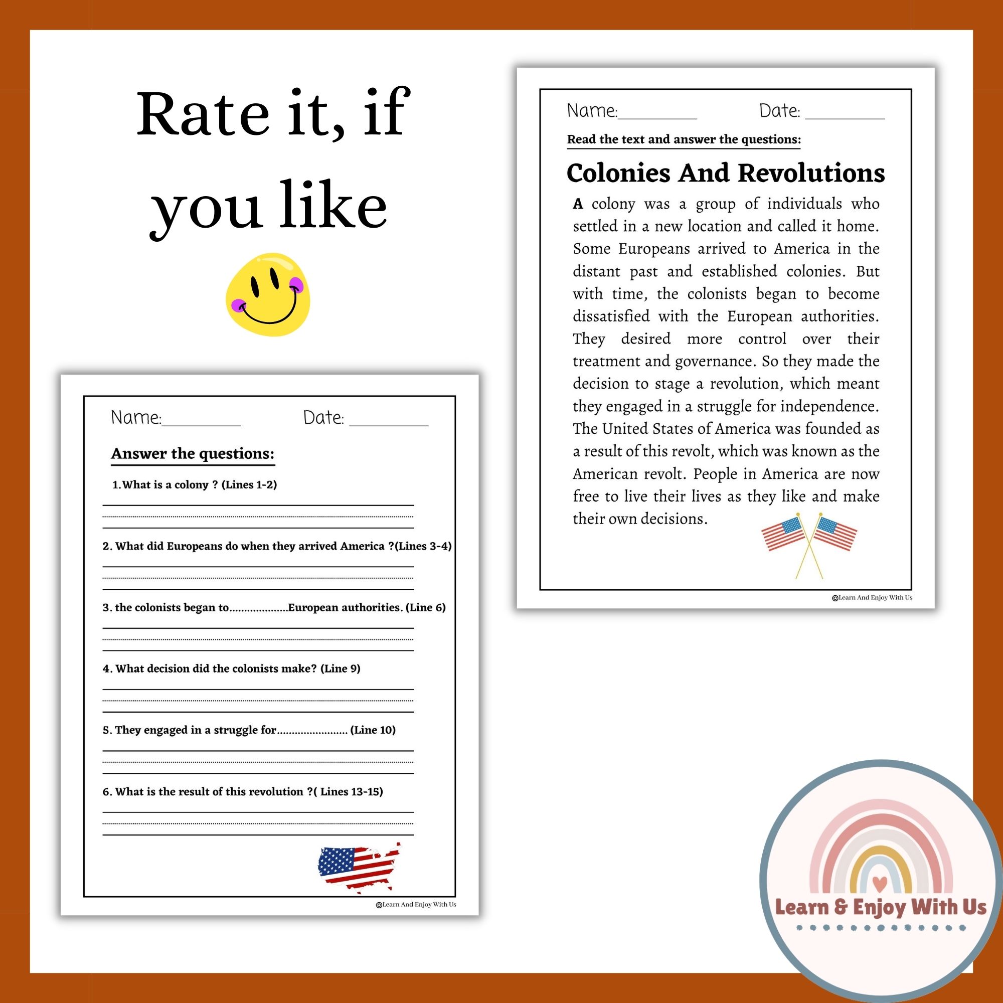Colonies And Revolutions Reading Comprehension Passage For 1st And 2nd ...