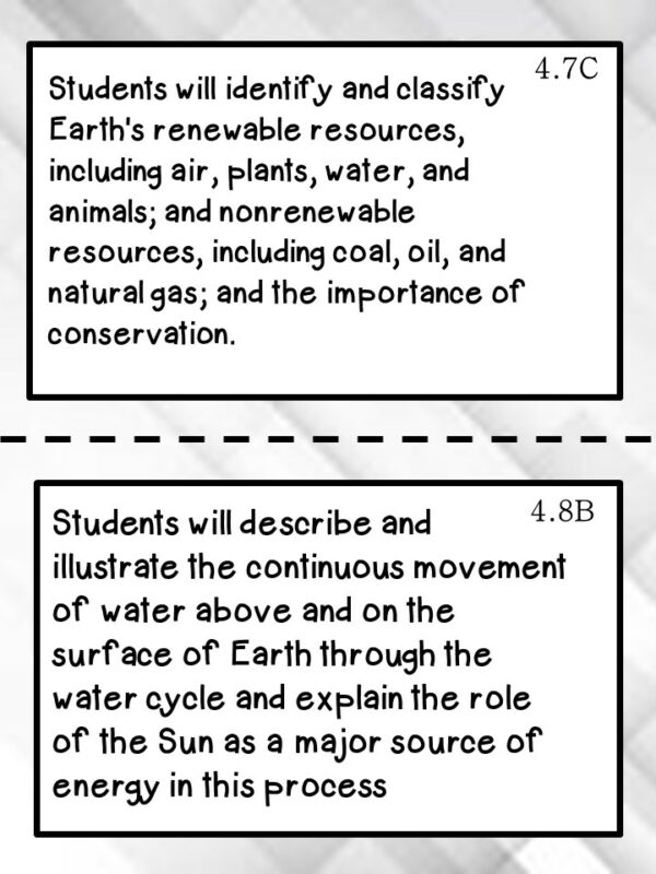 4th Grade Texas TEKS Science Learning Objectives Cards | Color & B&W ...