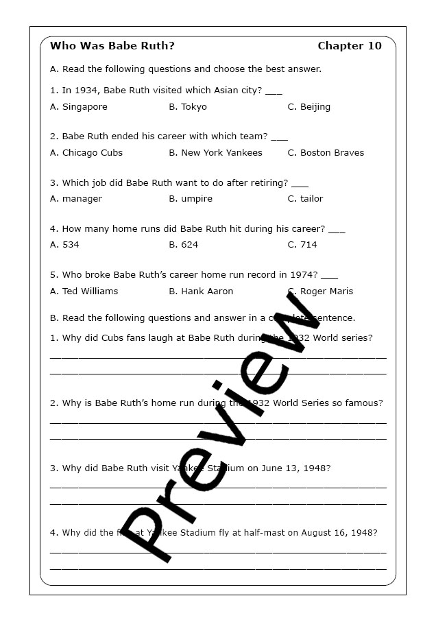 Joan Holub "Who Was Babe Ruth?" worksheets | Made By Teachers