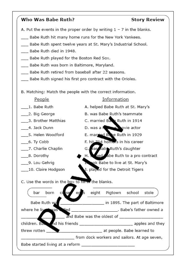 Joan Holub "Who Was Babe Ruth?" worksheets | Made By Teachers
