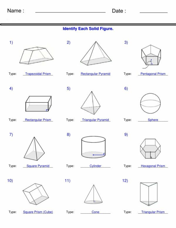 Surface Area & Volume - Identify Solid Figures Worksheets | Made By ...