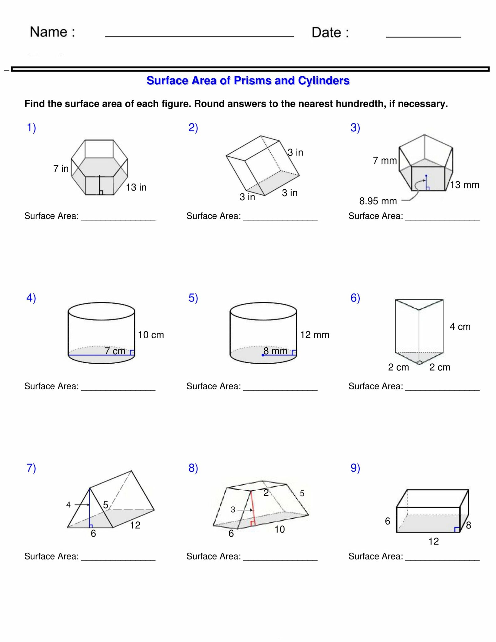 Surface Area and Volume - Prisms and Cylinders Surface Area Worksheets ...
