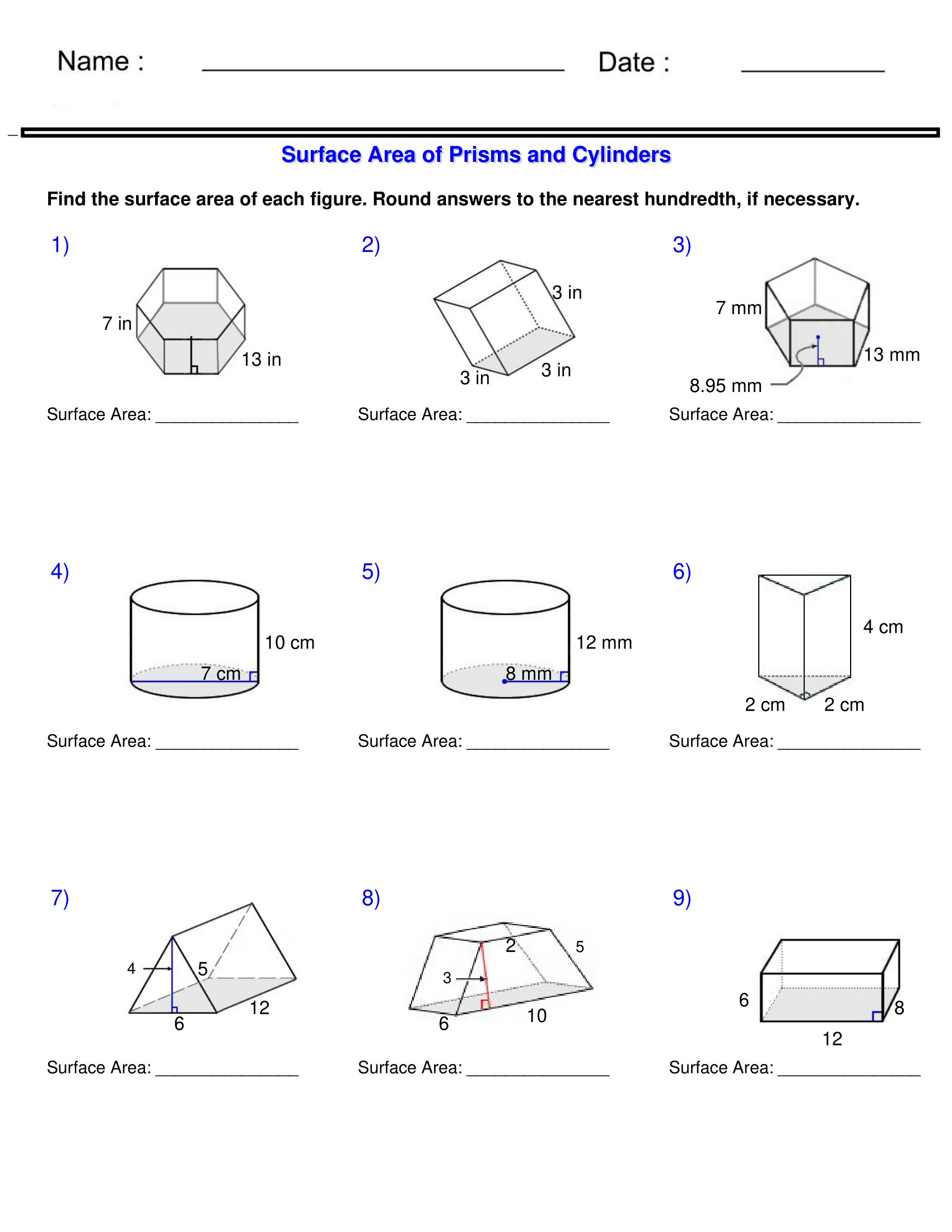 Surface Area and Volume - Prisms and Cylinders Surface Area Worksheets ...