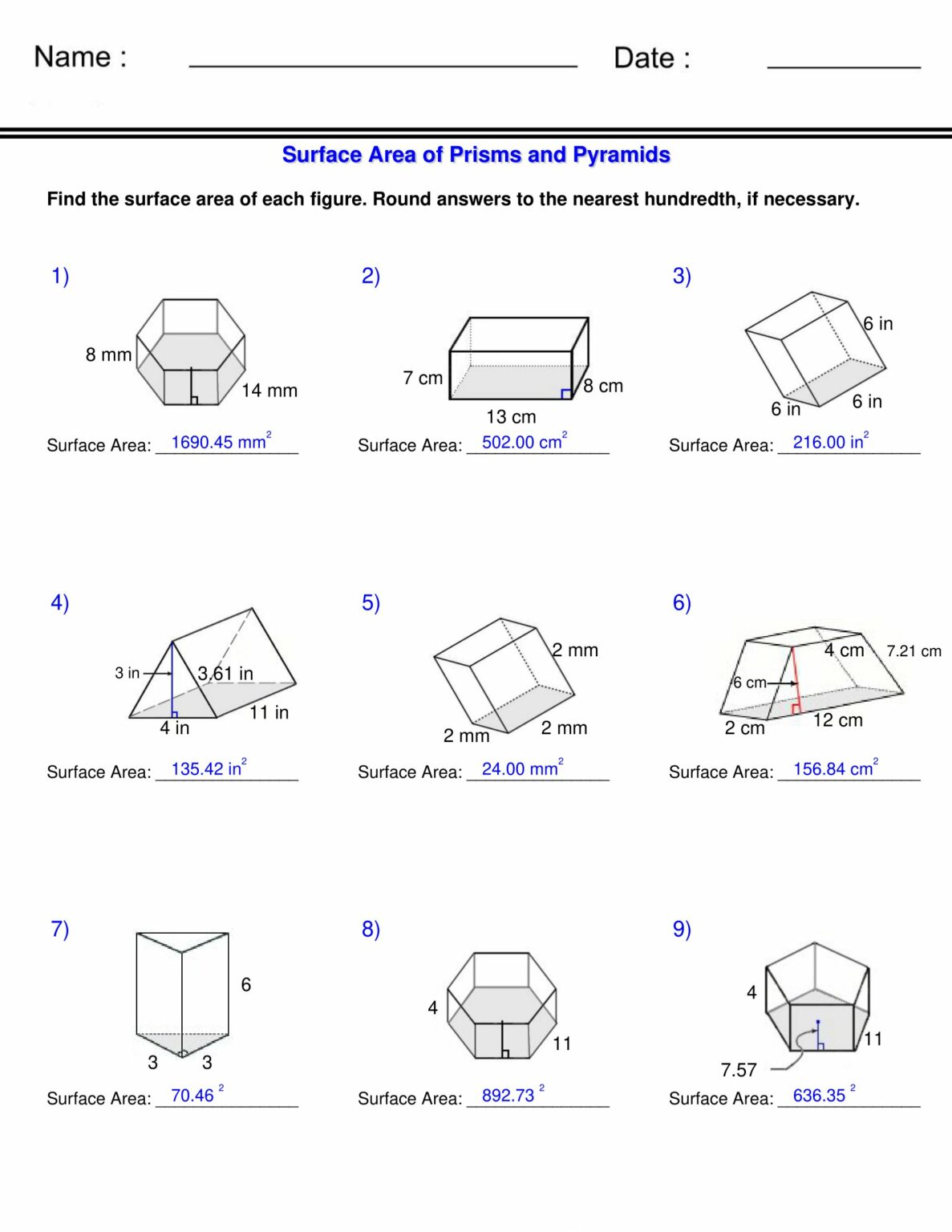 Surface Area and Volume - Prisms and Pyramids Surface Area Worksheets ...