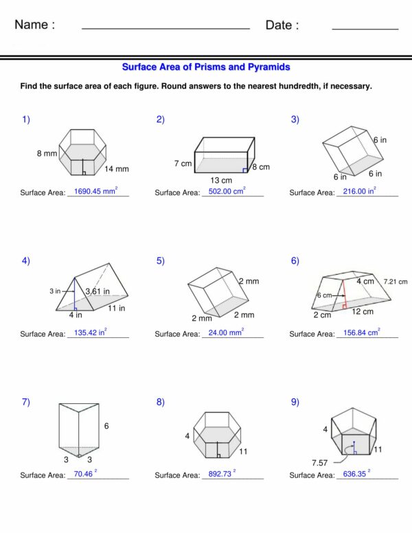 Surface Area and Volume - Prisms and Pyramids Surface Area Worksheets ...