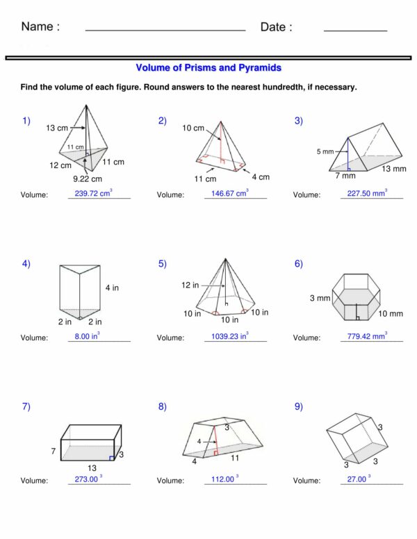 Surface Area and Volume - Prisms and Pyramids Volume Worksheets | Made ...