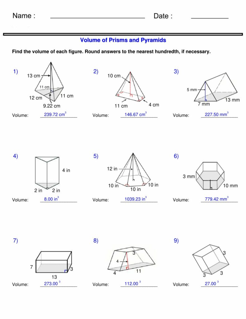 Surface Area and Volume - Prisms and Pyramids Volume Worksheets | Made ...