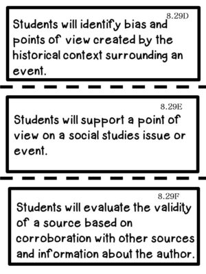 8th Grade Texas TEKS Social Studies Learning Objectives Cards | Color ...