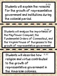 8th Grade Texas TEKS Social Studies Learning Objectives Cards | Color ...