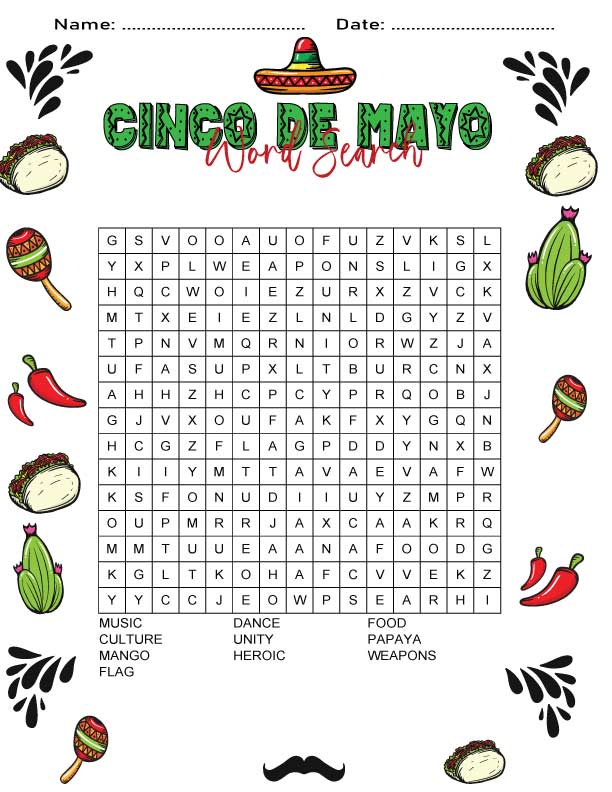 Cinco de mayo word search puzzle for kids with mexican culture vocabs ...