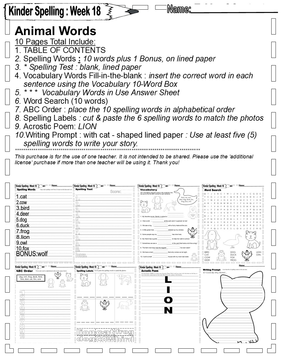 Kindergarten Spelling Worksheets Curriculum Week 18 ANIMAL WORDS | Made ...