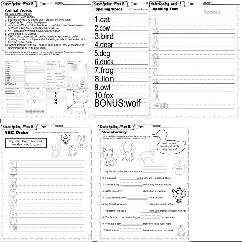 Kindergarten Spelling Worksheets Curriculum Week 18 ANIMAL WORDS | Made ...