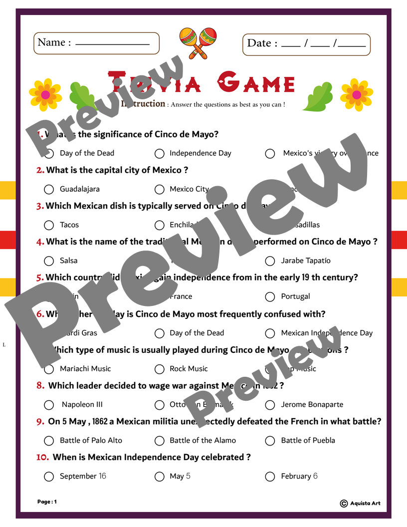 Cinco De Mayo Trivia Game : Exciting Trivia Worksheet for All Ages ...