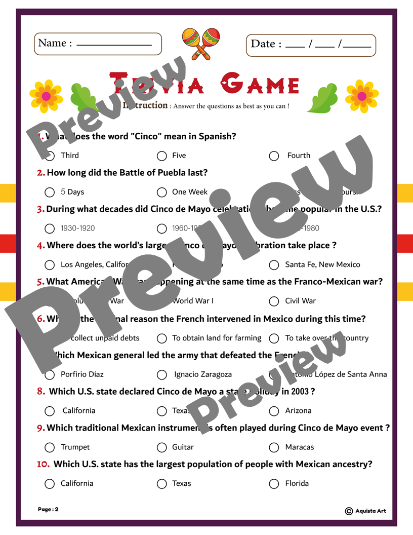 Cinco De Mayo Trivia Game : Exciting Trivia Worksheet for All Ages ...