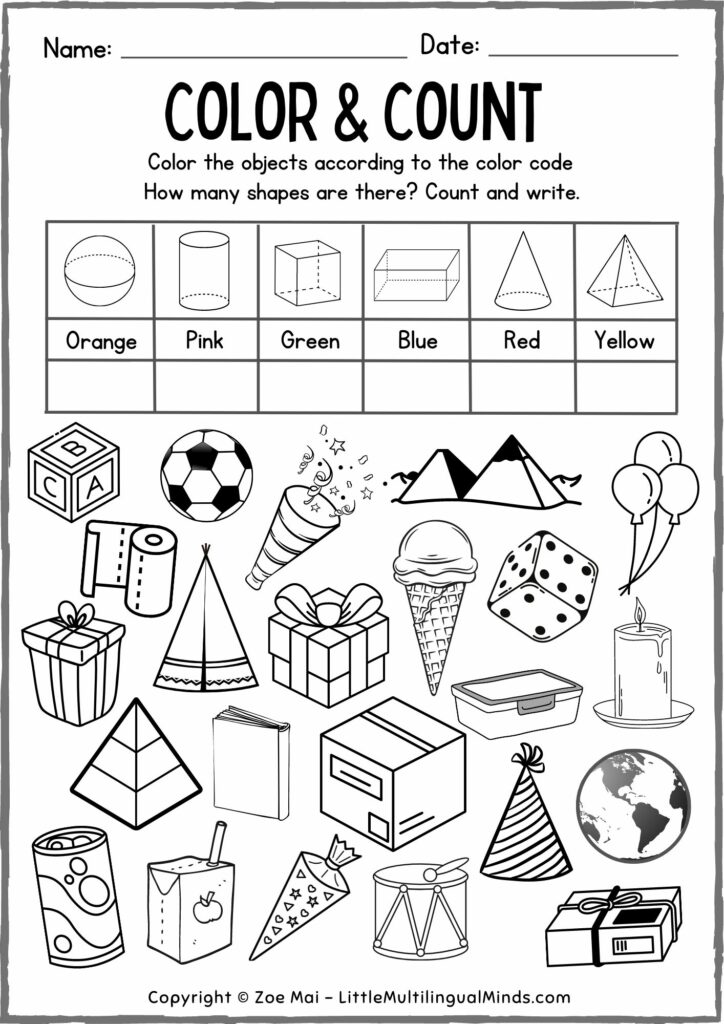 3D Shapes Practice Sheets for Preschool, Pre-K, Kindergarten - Color ...