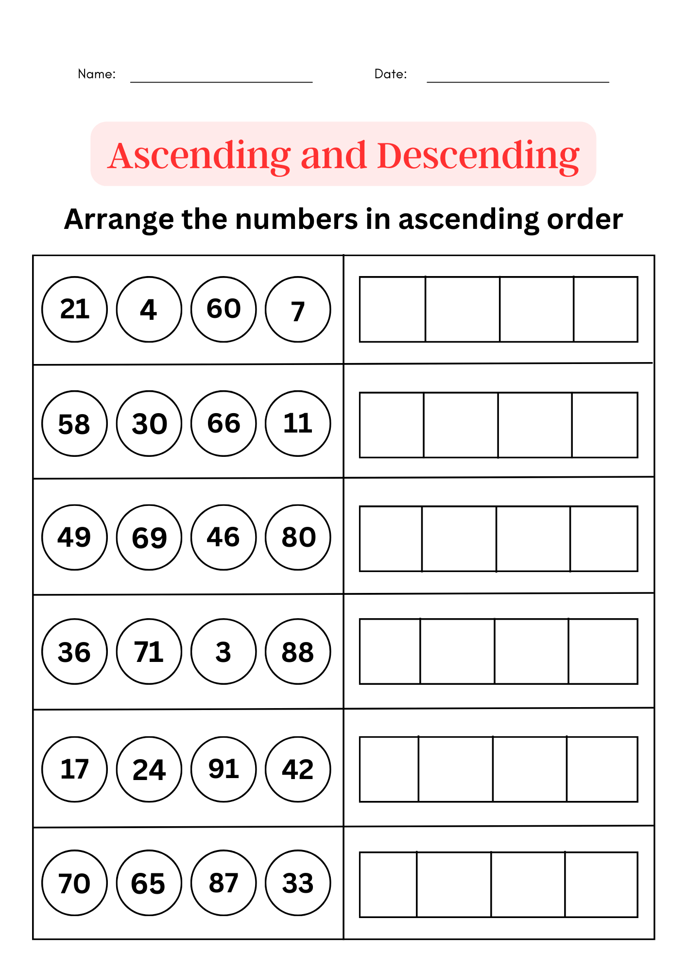 Ascending And Descending Order Worksheet 1 To 100 Ordering Numbers