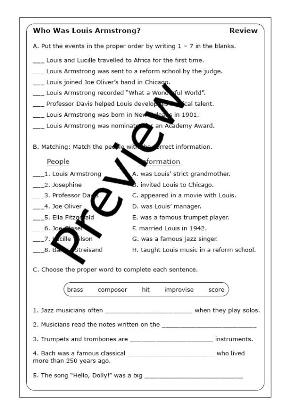 Yona Zeldis McDonough "Who Was Louis Armstrong?" worksheets | Made By ...