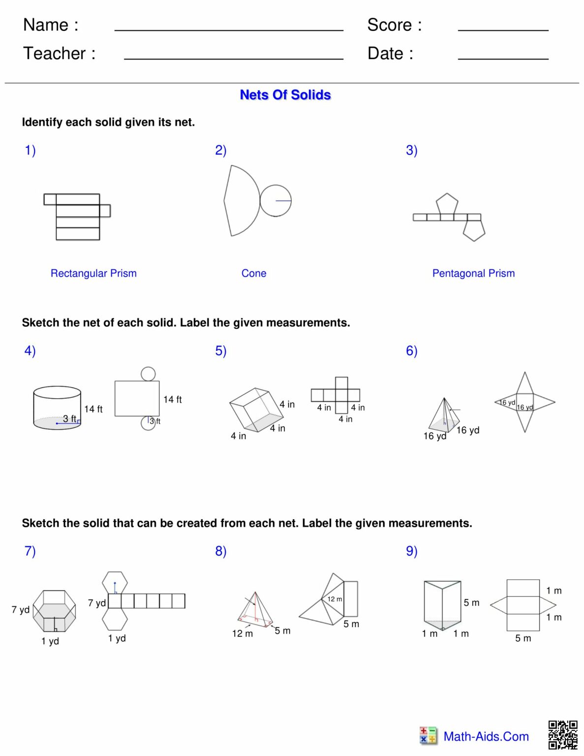Surface Area & Volume Nets of Solids Worksheets | Made By Teachers