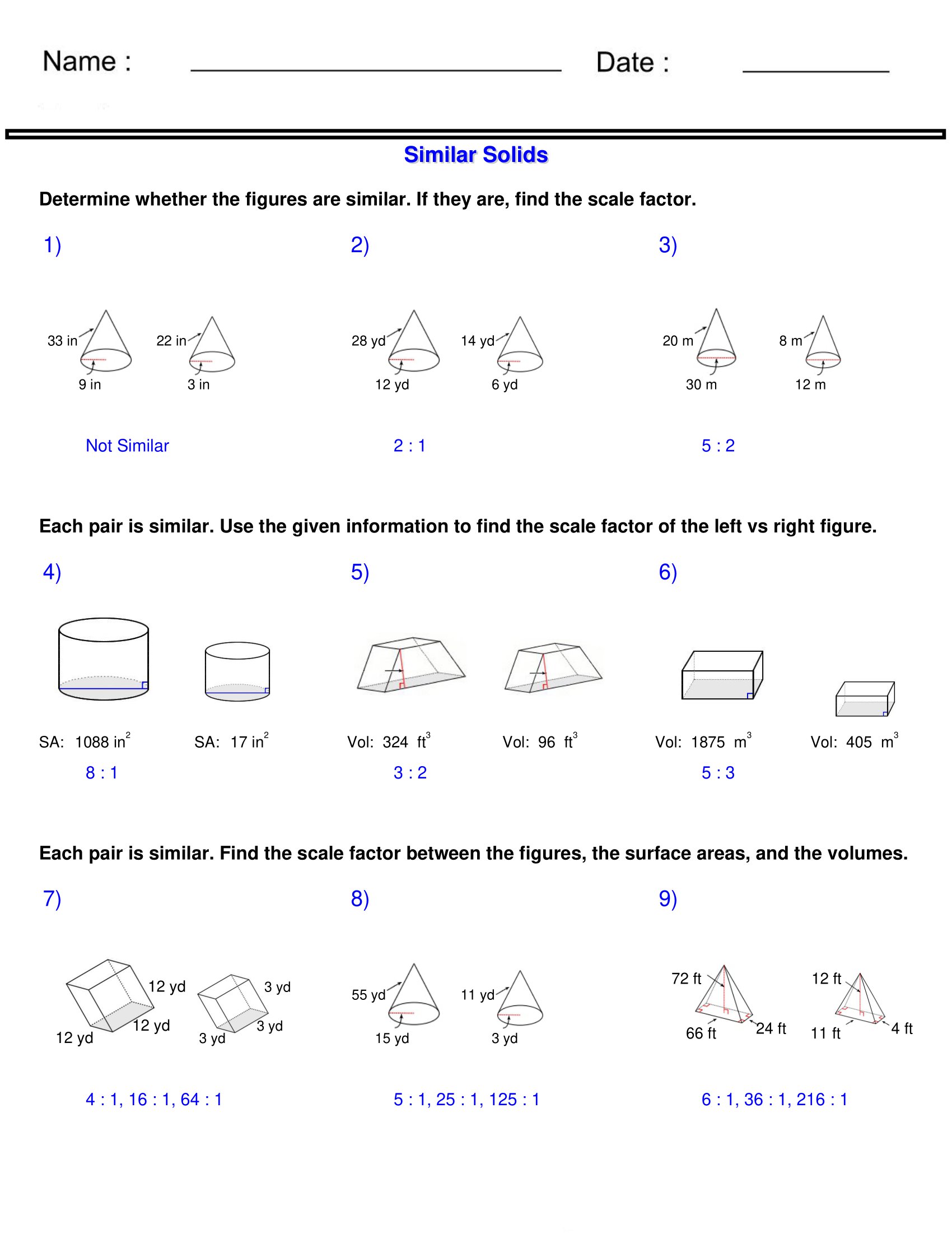 Surface Area & Volume - Similar Solids Worksheets | Made By Teachers
