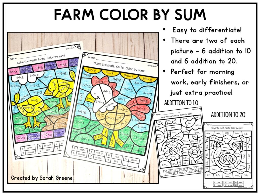 Farm Addition Color by Number | Made By Teachers
