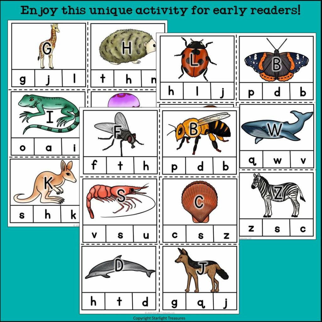 Animals Alphabet Clip Cards for Early Readers - Alphabet Clip Cards ...