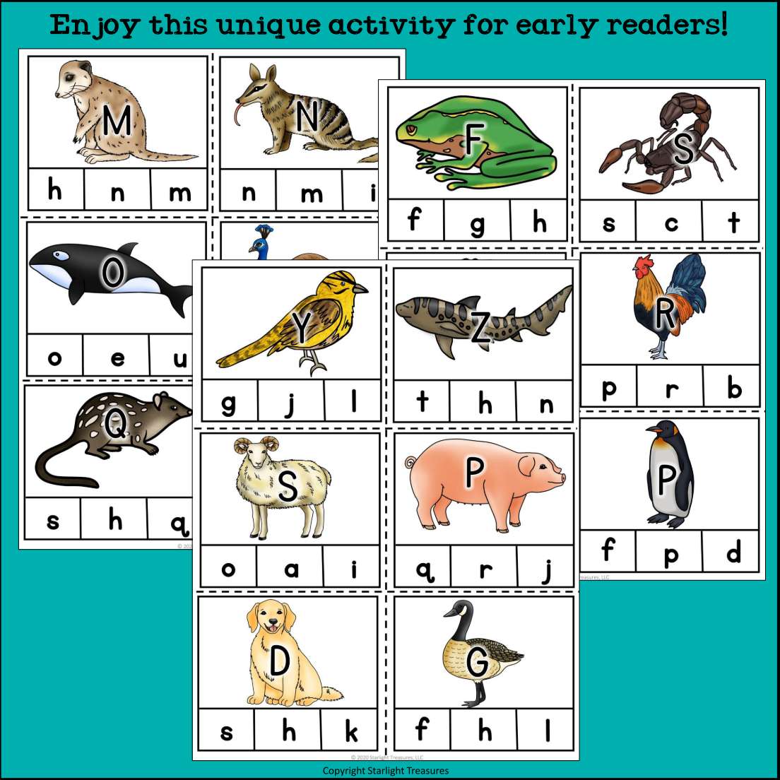 Animals Alphabet Clip Cards for Early Readers - Alphabet Clip Cards ...