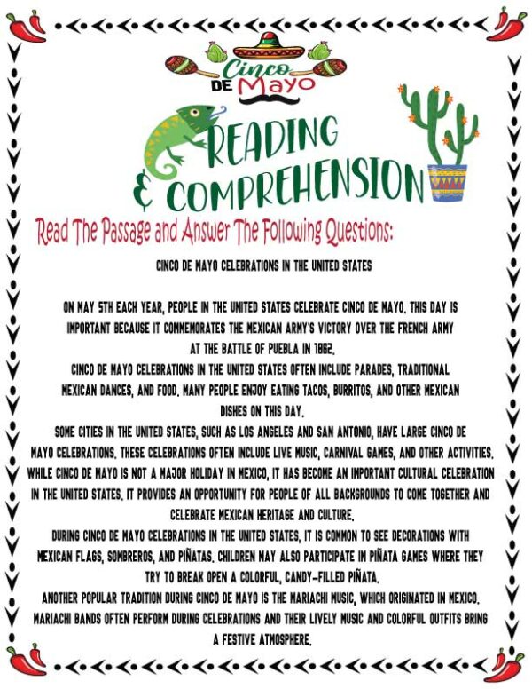 Cinco De Mayo Reading and Comprehension - Cinco de Mayo Reading ...