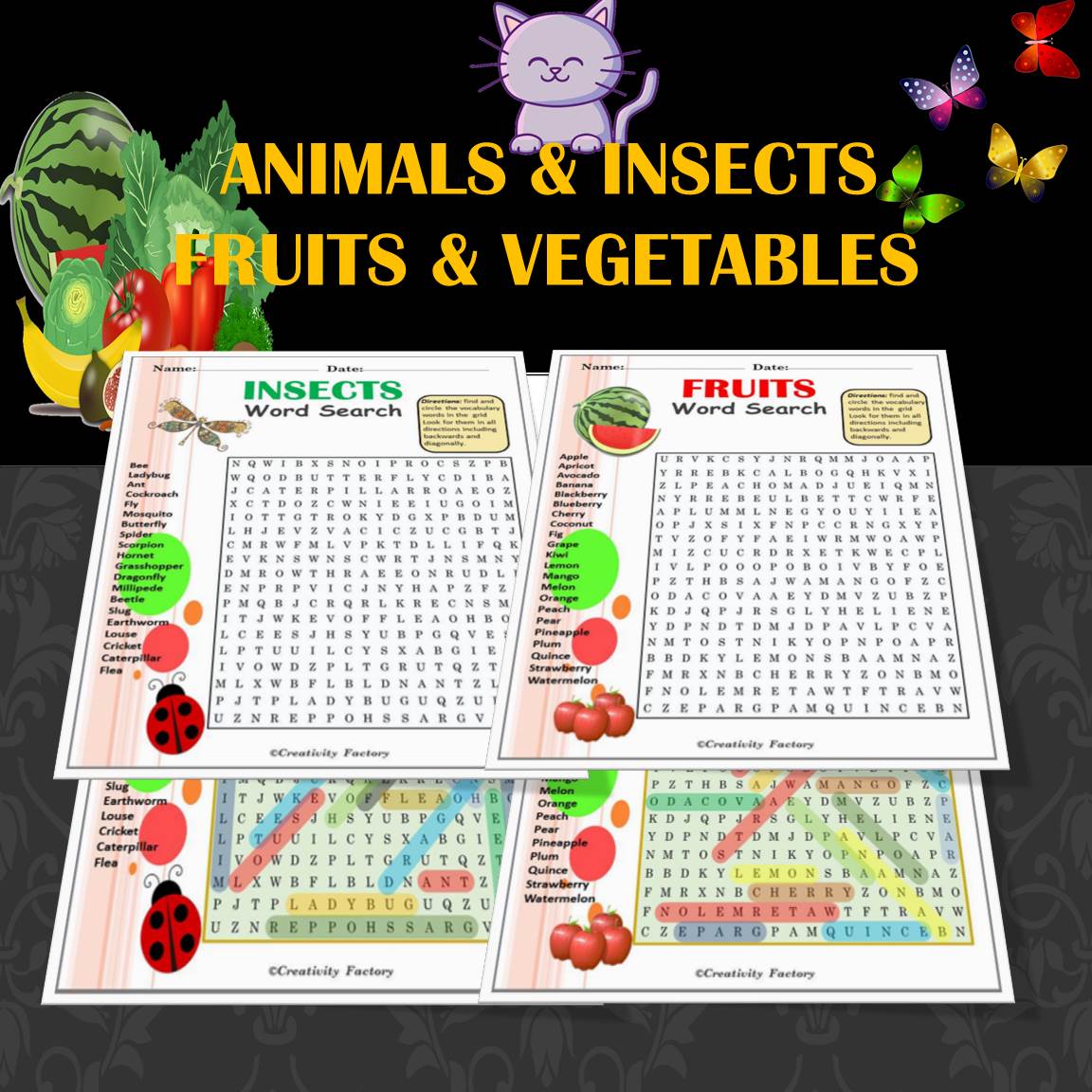 Search For Words Puzzles (Animals-Insects-Fruits-Vegetables) | Made By ...