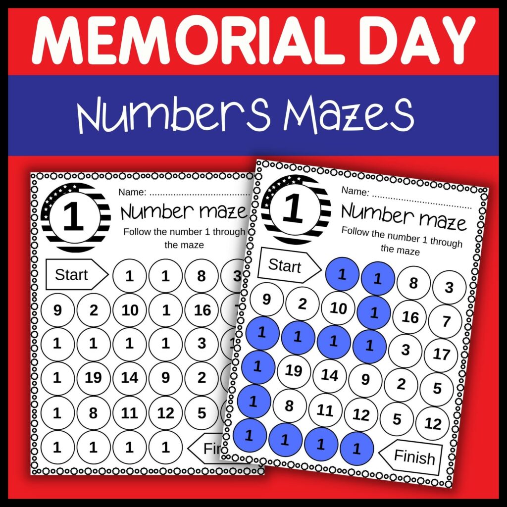 Memorial Day Number Maze Puzzle | Worksheets 1-10 Memorial Day Theme ...