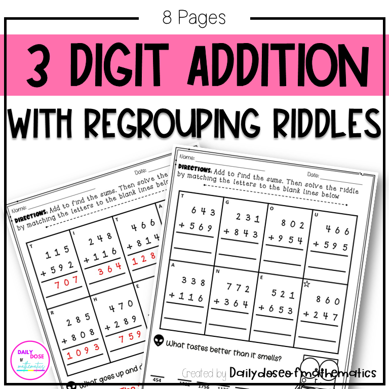 3 Digit Addition With Regrouping Riddle Math Puzzle Riddle Activity
