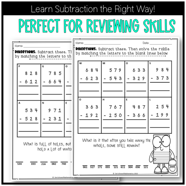 3 Digit Subtraction with Regrouping Riddle/Math Puzzle Riddle Activity ...