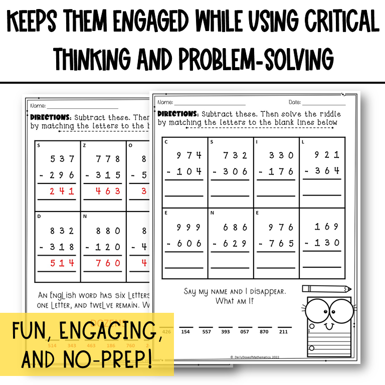 3 Digit Subtraction with Regrouping Riddle/Math Puzzle Riddle Activity ...