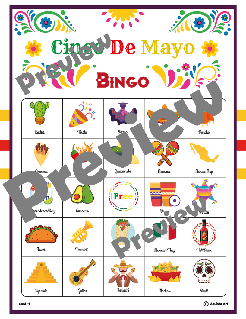 Cinco De Mayo Bingo Game Cards : The perfect party Game ! | Made By ...